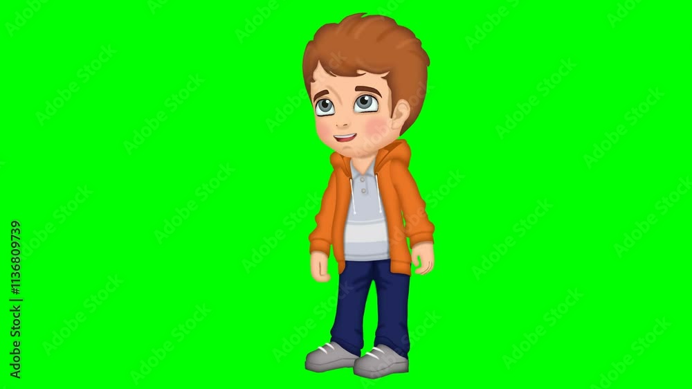 2d animated cartoon character of A boy with brown hair and an orange ...