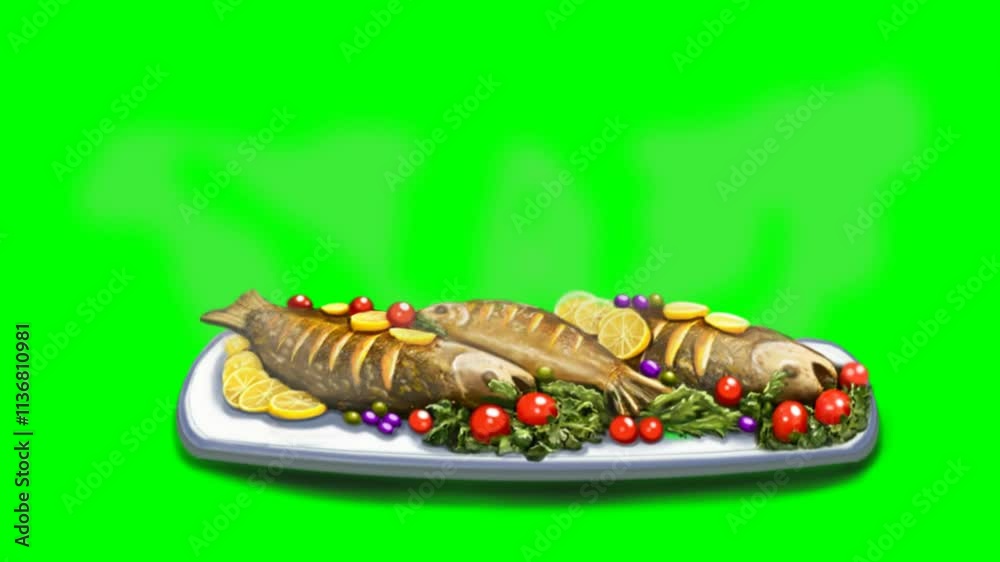 2d animated cartoon character of A plate full of fried and baked fish ...