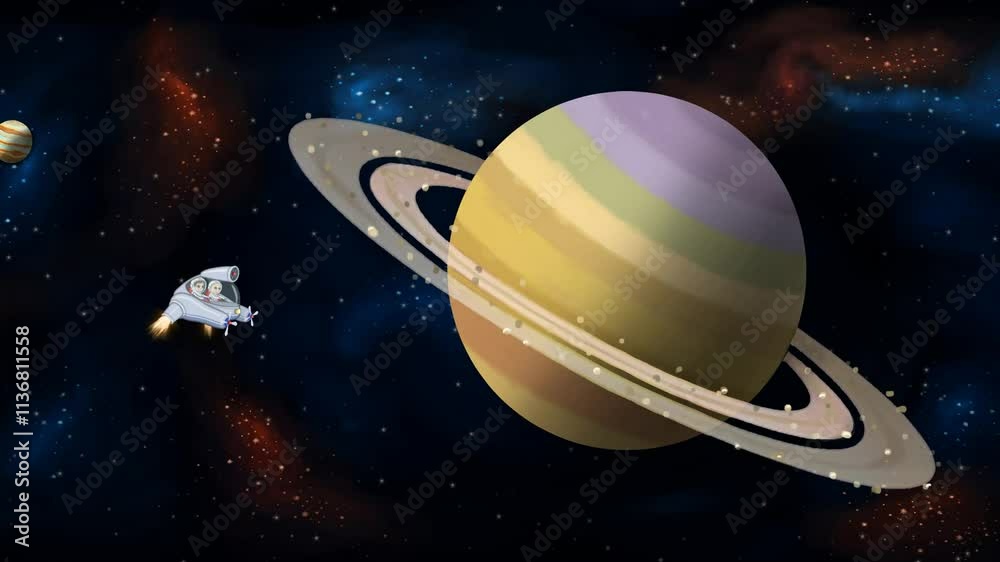 2d animated cartoon background of Saturn with glowing rings floating in ...