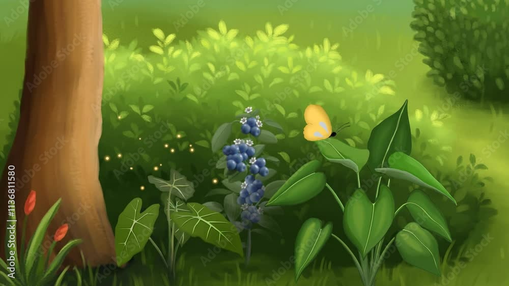 2d animated cartoon background of A lush green forest with sunlight ...