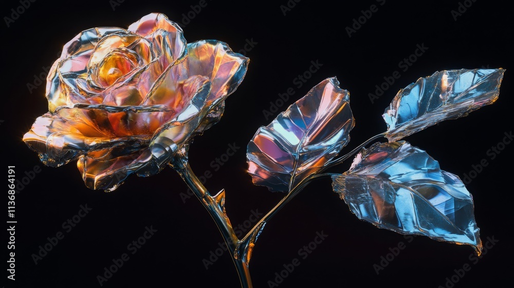 Chrome liquid metal rose flower. 3D render, modern design. Isolated ...