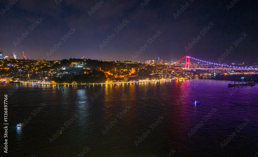 Istanbul's Bosphorus Bridge at Night, Illuminated with Vivid Colors. A ...