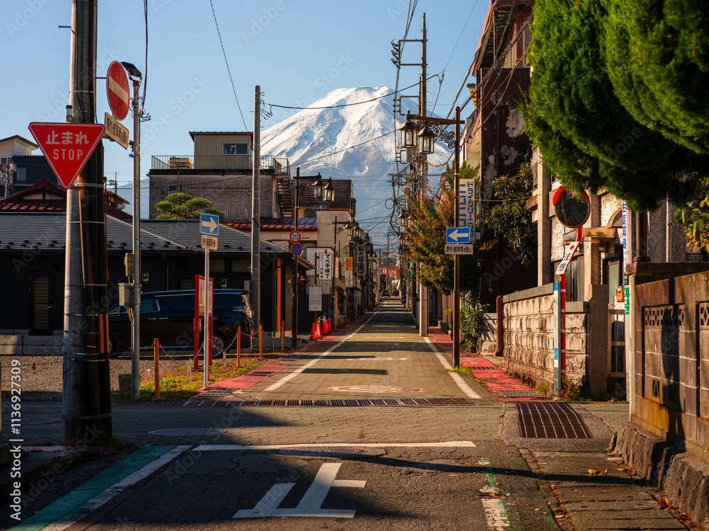 Fujiyoshida, Japan - November 21 2024: Looking up at snow capped mt ...