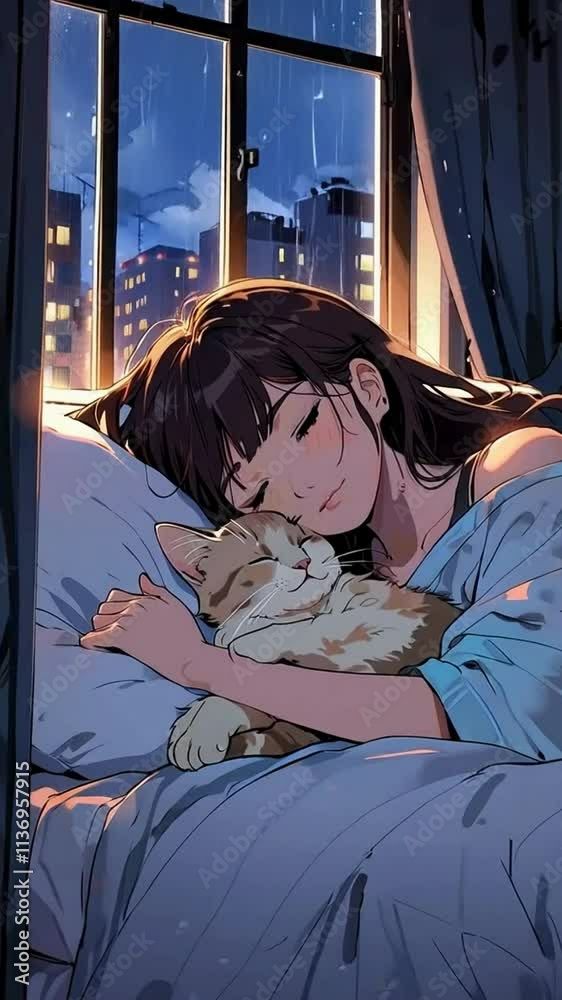 anime girl sleeping, rain falling outside, lofi, 4K resolution, rain ...