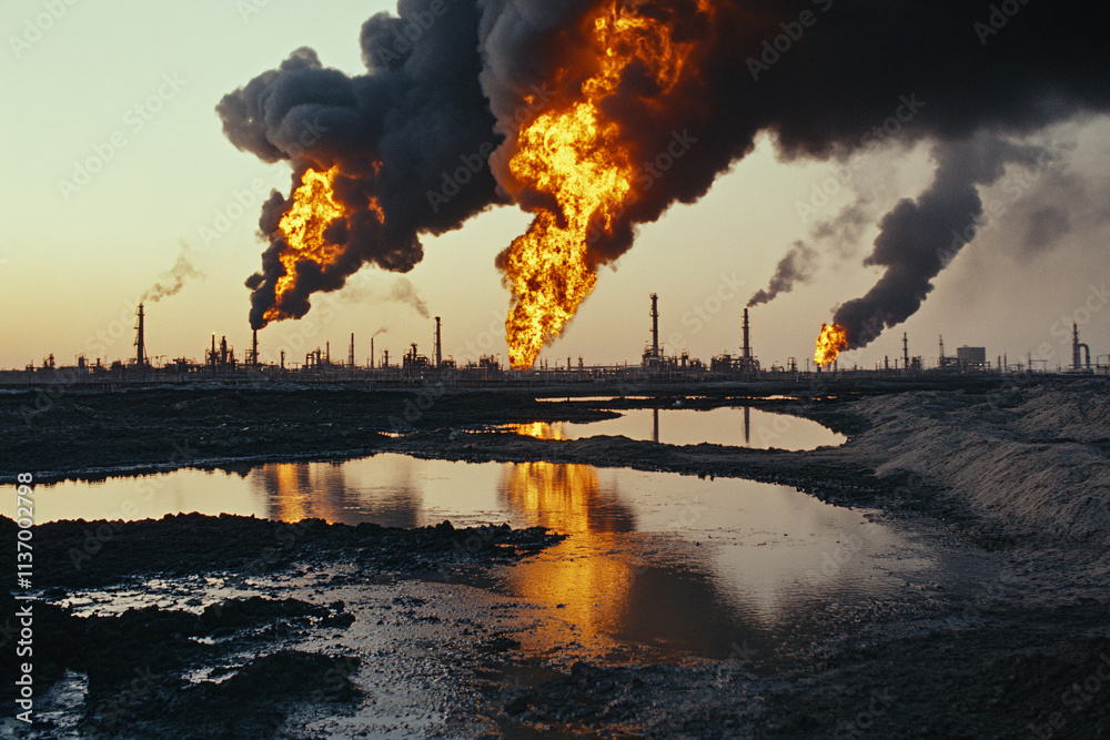 large oil field fires with black smoke rising into the sky and intense ...