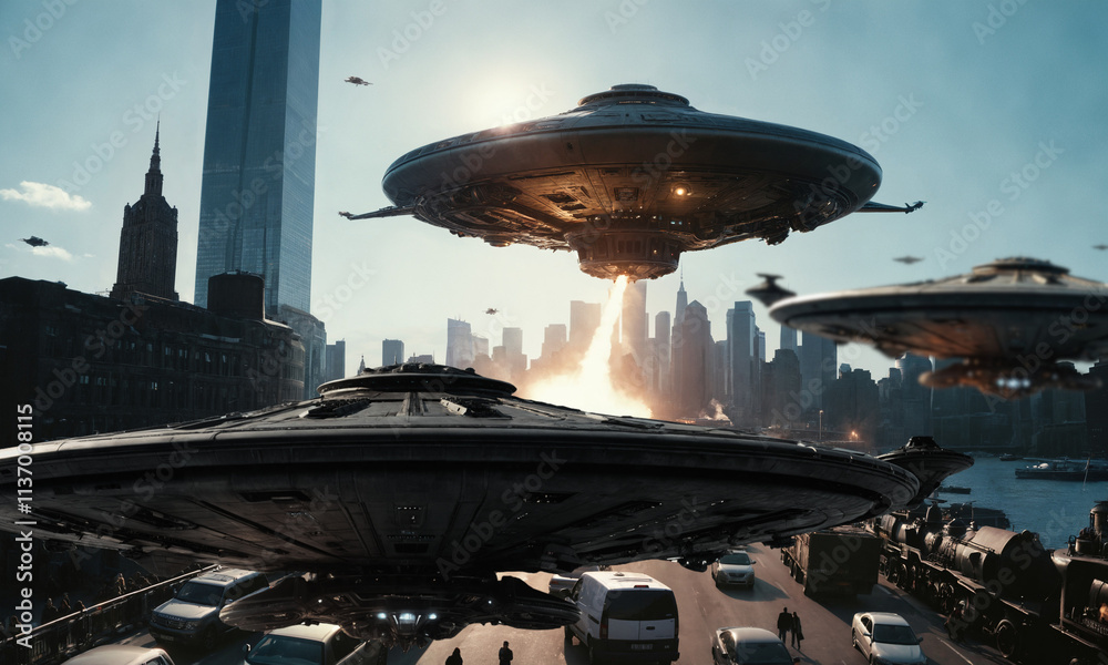 alien invasion as alien ships darkens the blue sky as a truck fire beam ...