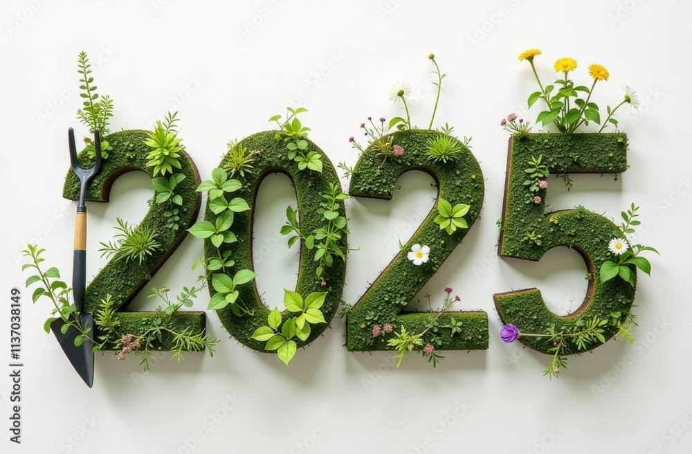 2025 Lawn Numbers with Flowers and Garden Supplies, White Background ...