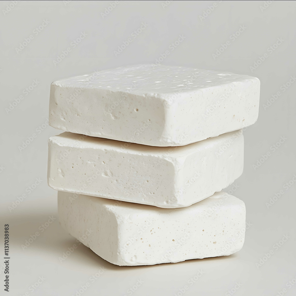 vertical stack of three white square tablets with very faint flecks of ...