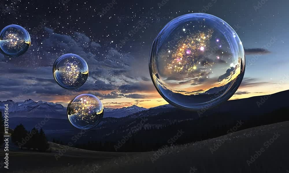 Surreal Landscape with Floating Spheres Reflecting Stars and Mountains ...