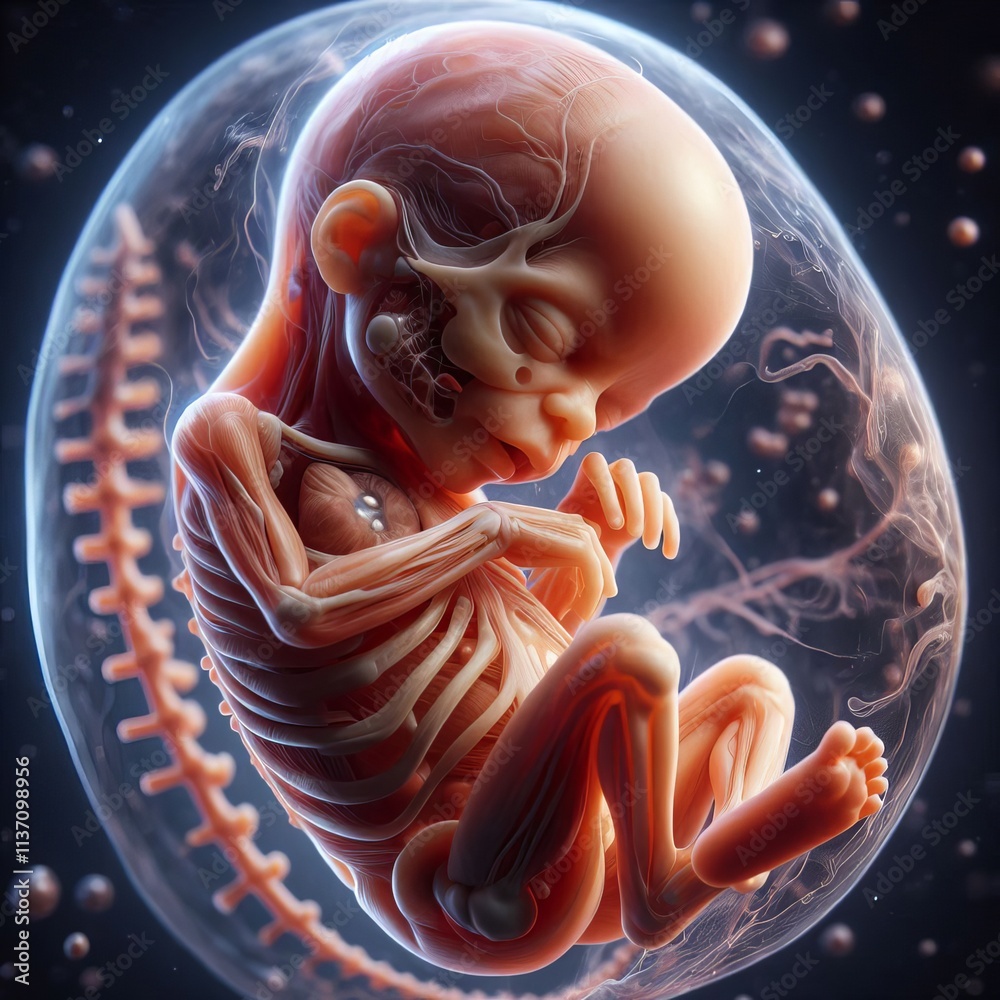 A detailed 3D illustration of a developing fetus, displaying visible ...