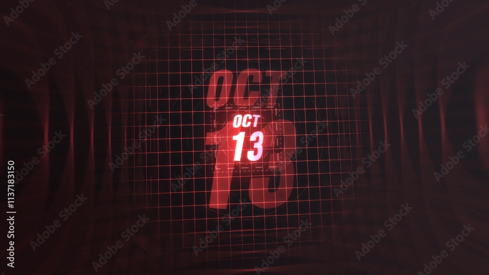 13 October. Calendar with number and month in neon red with grid ...