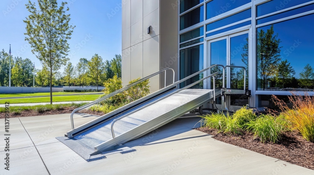 Portable wheelchair ramp set up at a building entrance for ...