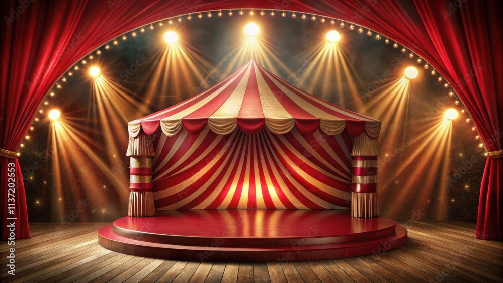 Circus podium stage under red theater tent with vintage spotlights ...