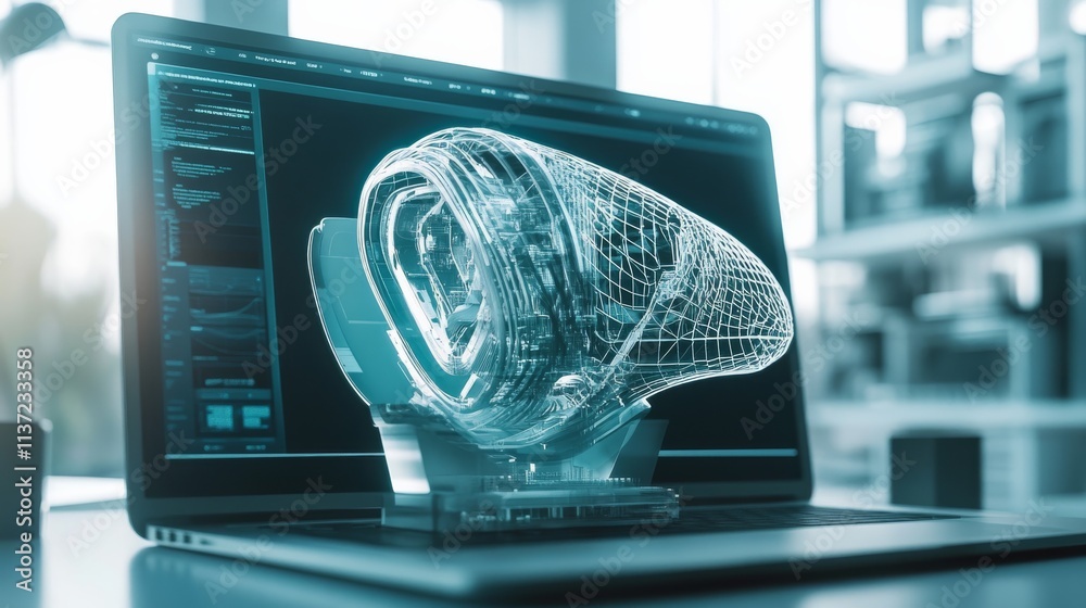 The image features a translucent 3D model displayed on a laptop screen ...