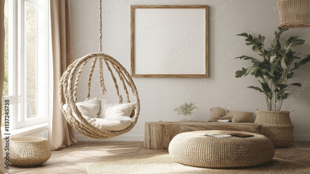 Coastal minimalism in a blank canvas room with rope swing chair modern ...