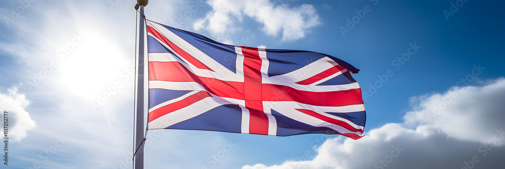 Iconic British Union Jack Flag Fluttering Against Clear Blue Sky - A ...