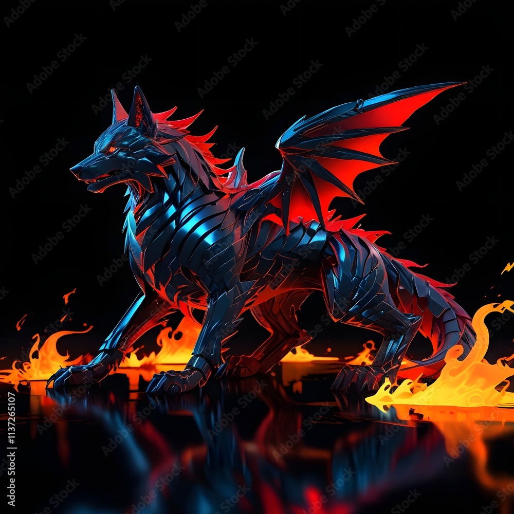 Fierce dragon-wolf hybrid fantasy realm 3d art fiery environment close-up view mythical ...