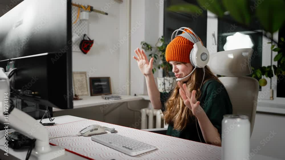 Gamer girl celebrates her victory in team game, sitting computer desk ...