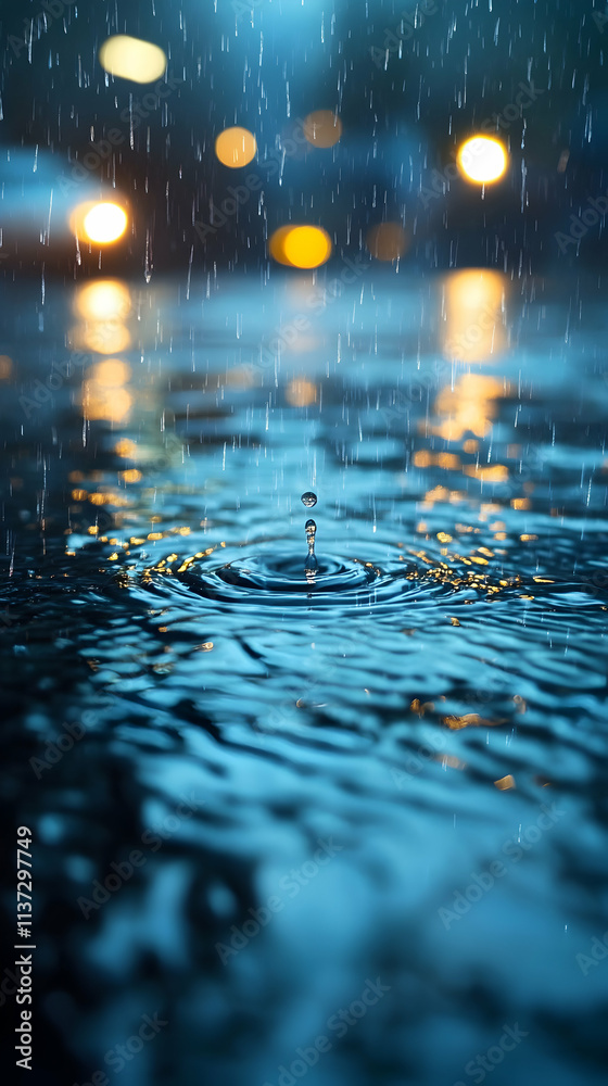 Night Rain, Water Droplet Impact on City Street Puddle at Night foto de ...