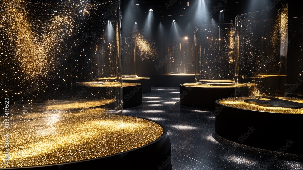 deluxe exhibition platform, drifting gold flakes, multi-level black ...
