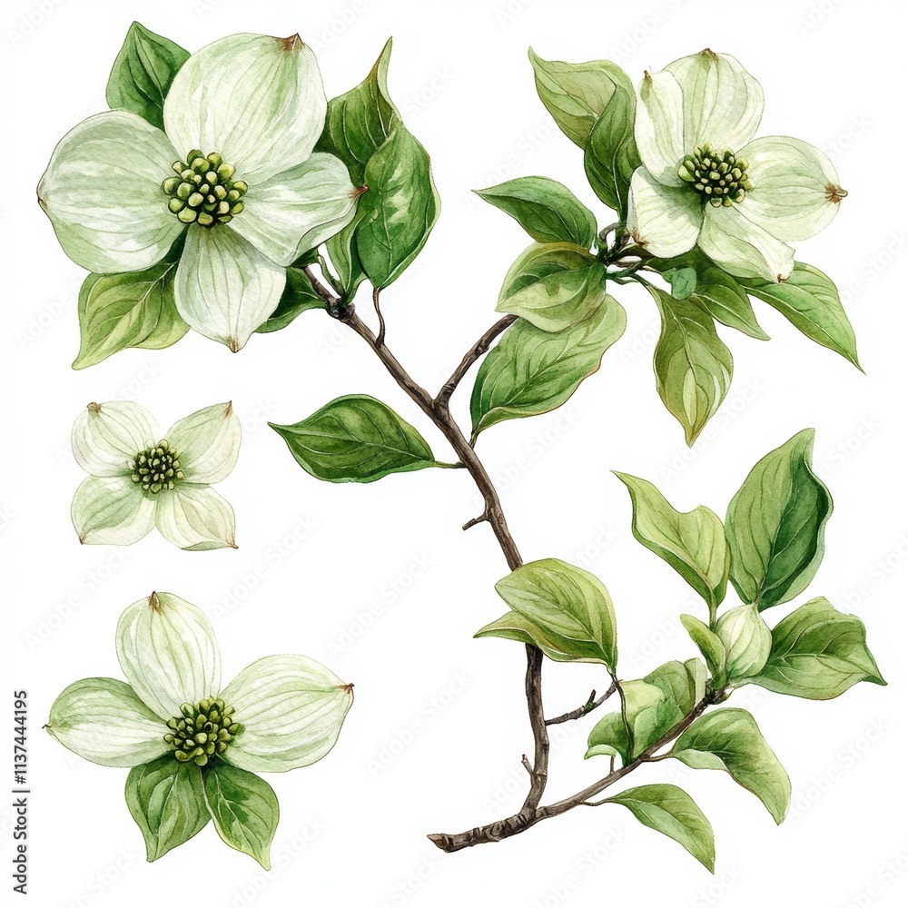 Watercolor illustration of Cornus kousa, Kousa Dogwood from top view, isolated on white ...