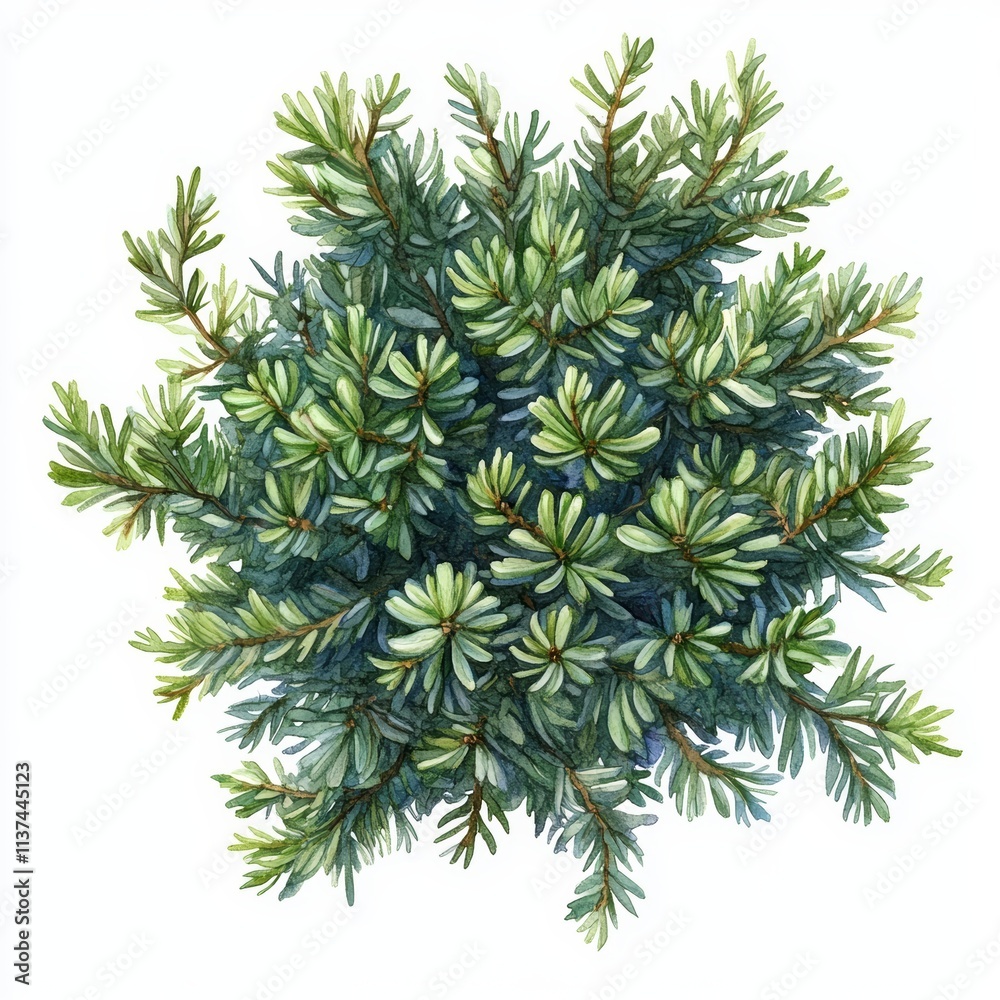 Watercolor Illustration of English Yew Tree from Top View, Isolated on ...