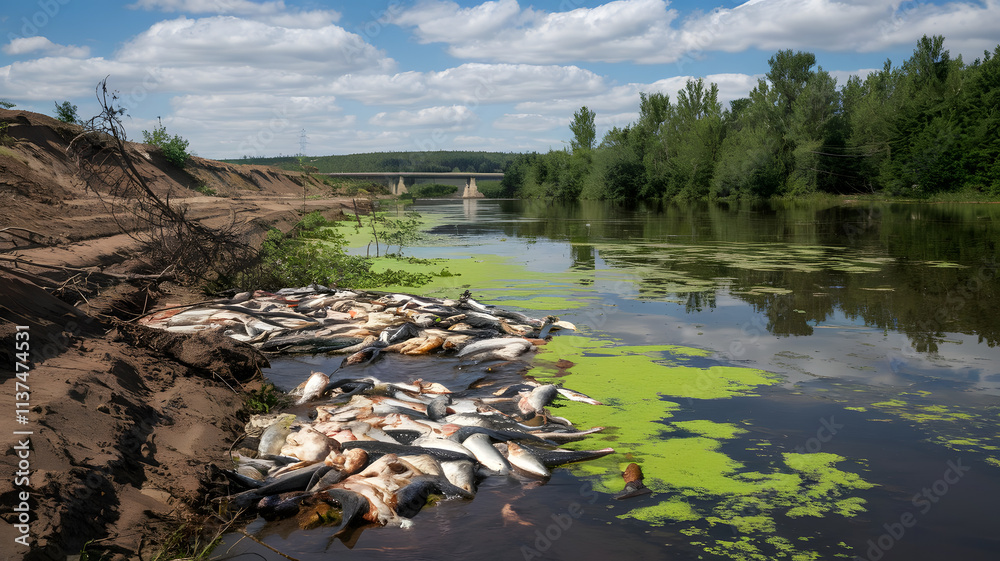 A polluted riverbank with dead fish and algae blooms, showing the ...