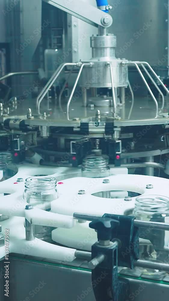 Automatic washing of glass jars with a jet of water. Conveyor line in ...