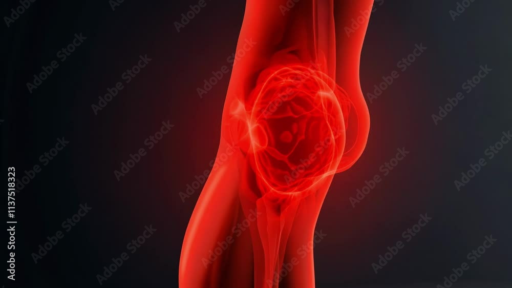 An animated depiction of a glowing human knee joint, showing pain and ...