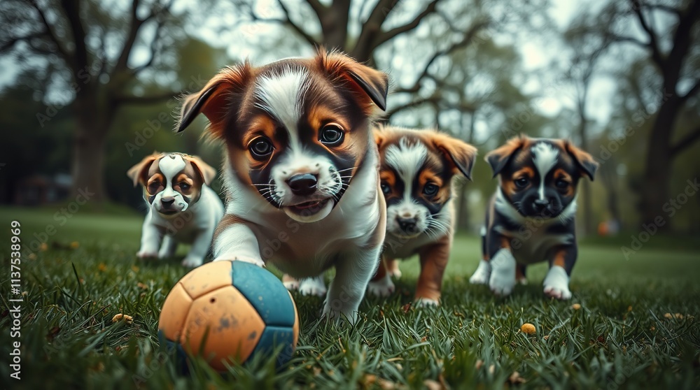 Adorable group of puppies playing in the grass. The pups are playful ...