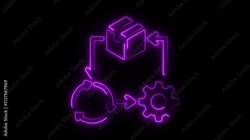 Neon Glowing Animation of Logistics Workflow, Package Process, Gear ...
