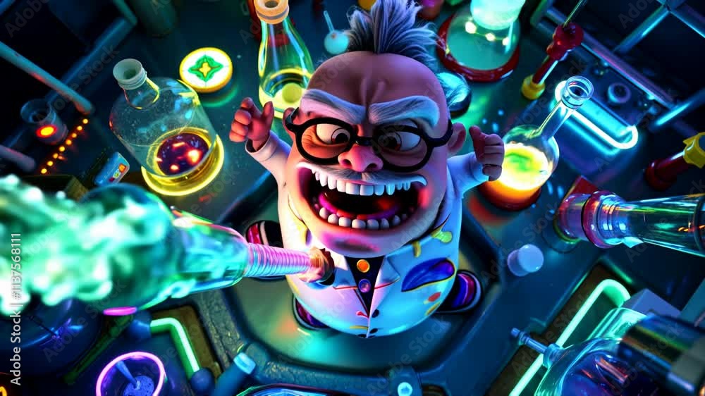 Eccentric animated scientist mixing glowing liquids in bubbling lab ...