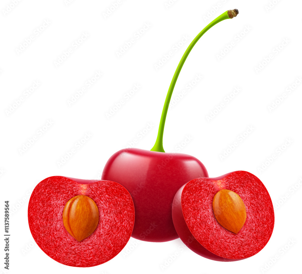 Ripe cherries isolated on a white background. Whole red cherry and half ...