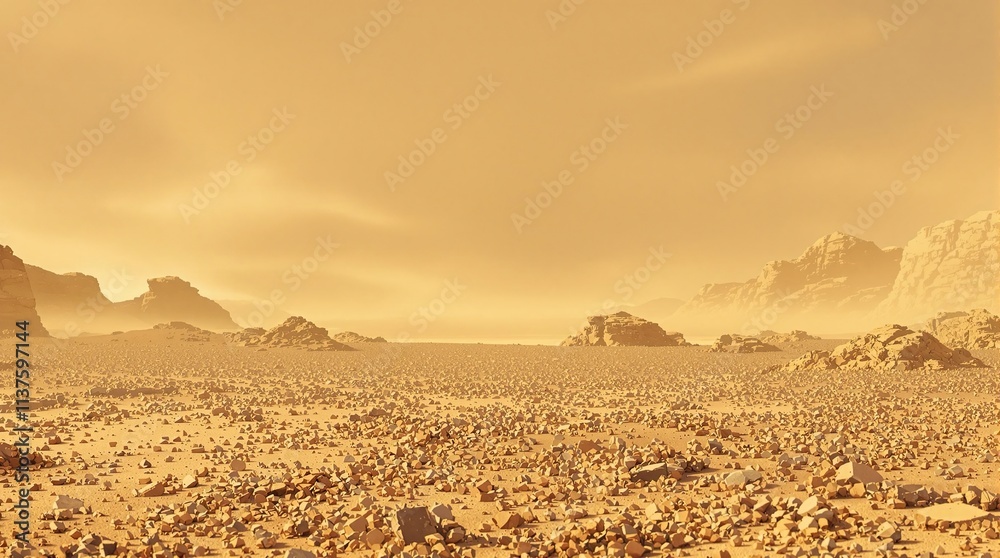Dusty landscape with scattered grains of sand on a rocky terrain ...