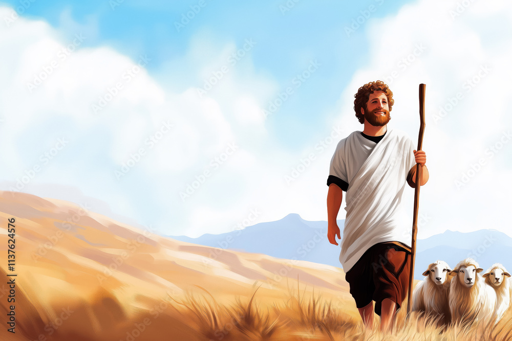Biblical David walking with a staff and three sheep through golden ...