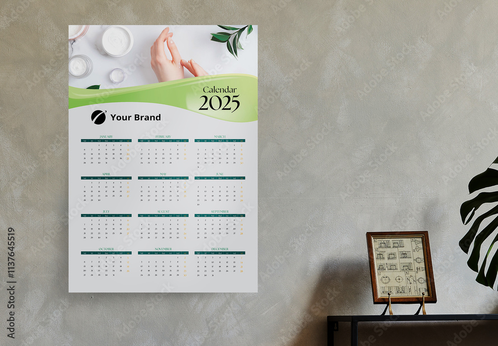 Clean One Page Wall Calendar 2025 Stock Template | Adobe Stock