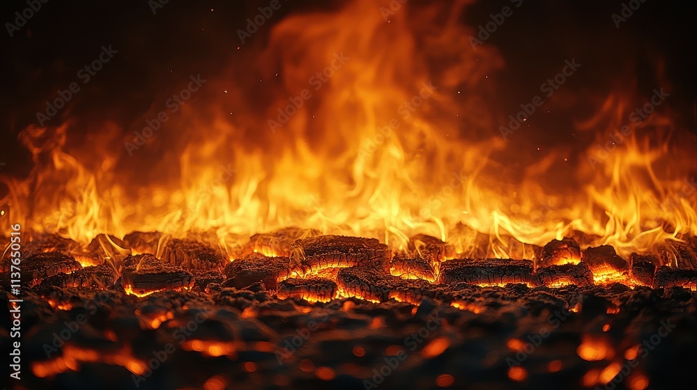 Bright flames rise over a bed of glowing embers, creating an enchanting ...