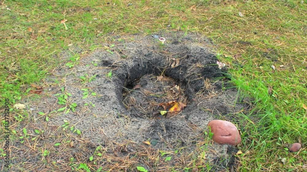 An abandoned place with an old fire pit. A campsite with a prepared ...