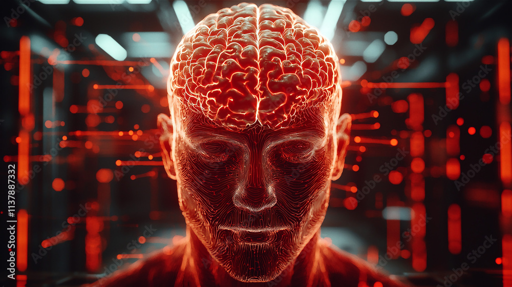 ภาพประกอบสต็อก A red human head and a brain with a circuit board inside ...