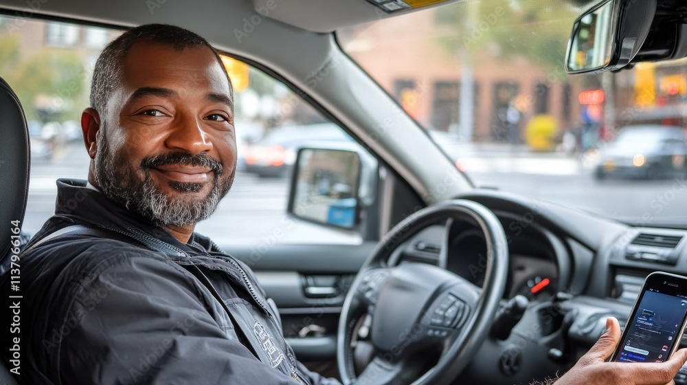 Professional and Friendly Ride-Hailing Driver Welcoming Passengers in a ...