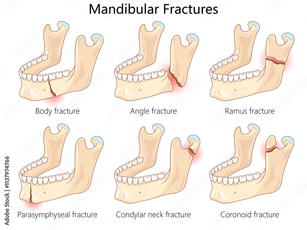 Ilustração do Stock: mandibular fractures, including body, angle, ramus ...