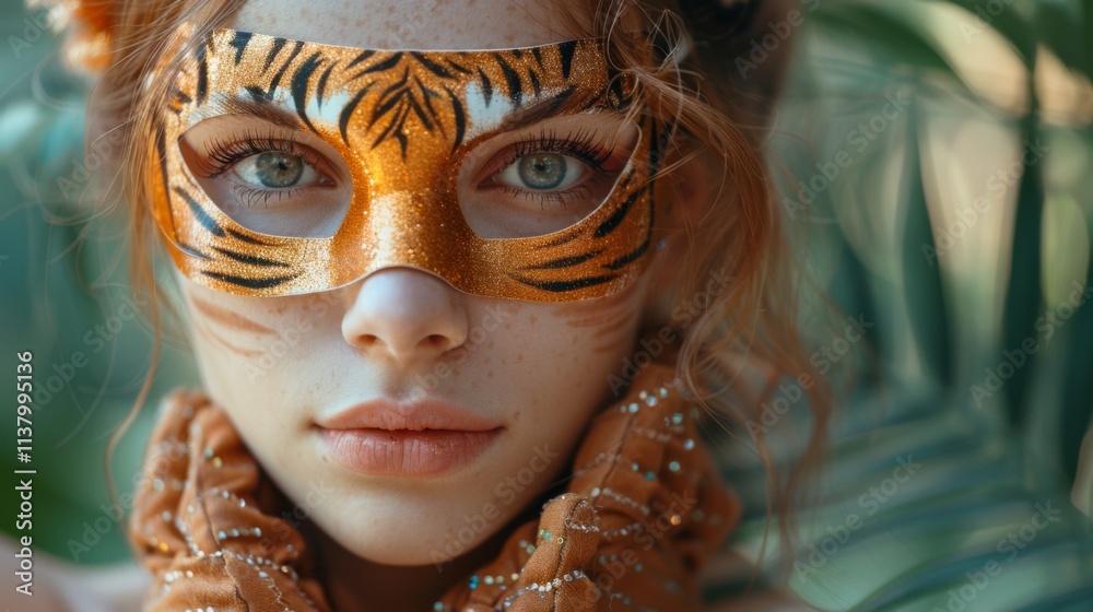 quadrobics . A girl wearing an tiger mask and holding hand gloves poses ...