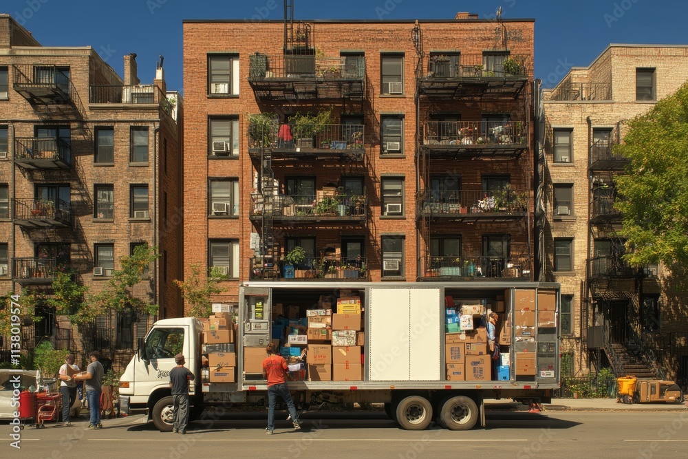 Moving day in a city neighborhood with a large moving truck parked ...