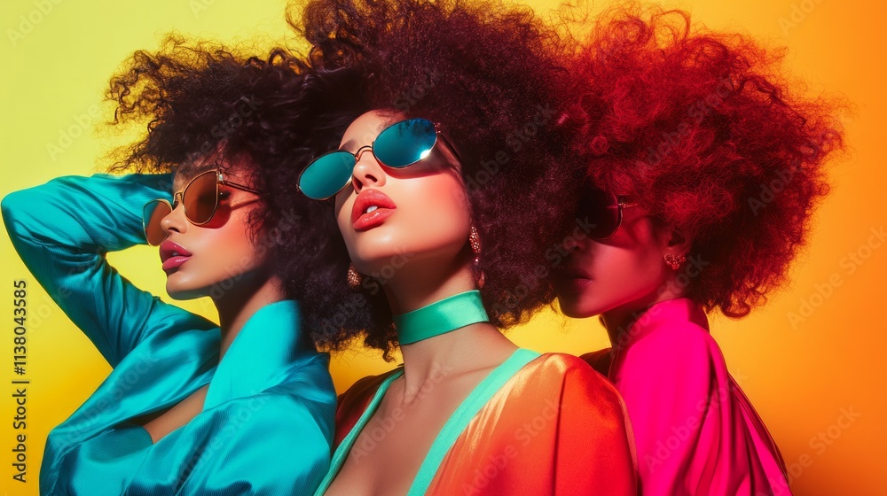 Retro-inspired fashion shoot with big hair, bold colors, and dynamic ...