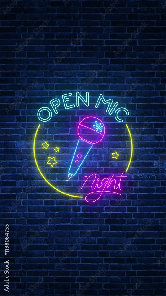 open microphone night show sign neon lights on brick wall background ...