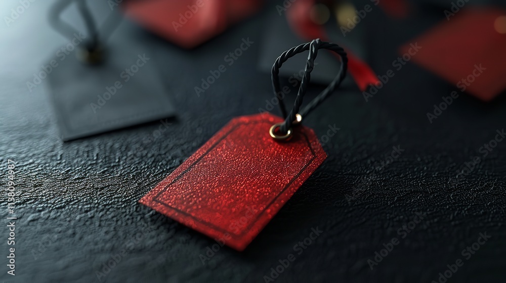 Elegant black tag with a matte finish and gold fastener on a dark ...