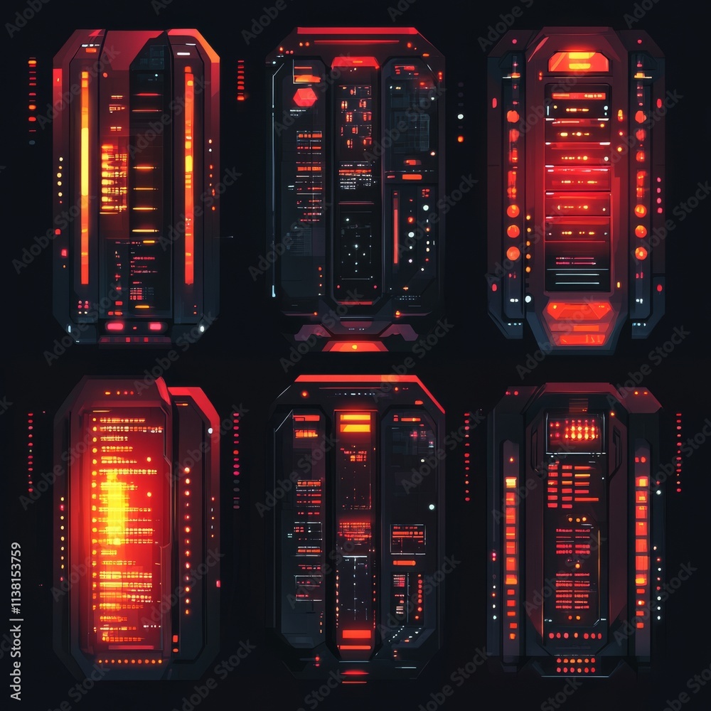 Notification frames in a sci-fi style, outlined with thin, glowing red ...