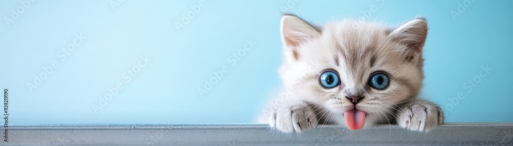 Playful kitten peeking over a ledge with big blue eyes and tongue out ...