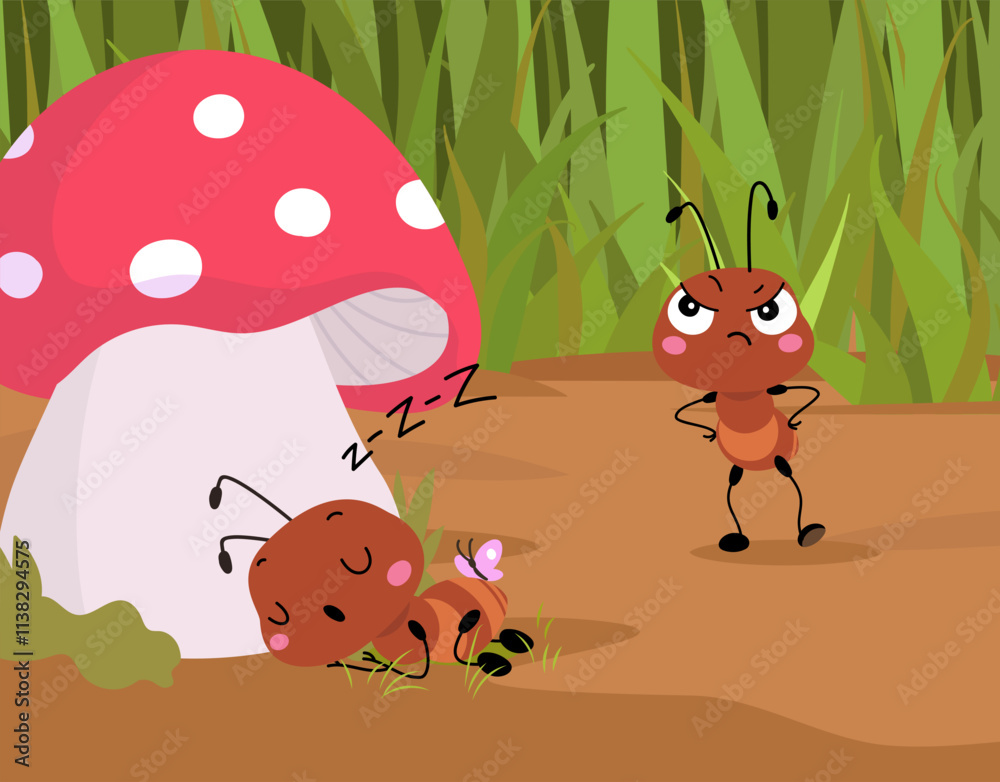 Rest and angry ants. Cartoon fairy tale scene with two insects, ant ...