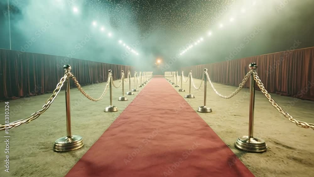 Luxurious red carpet pathway illuminated by golden lights, lined with ...